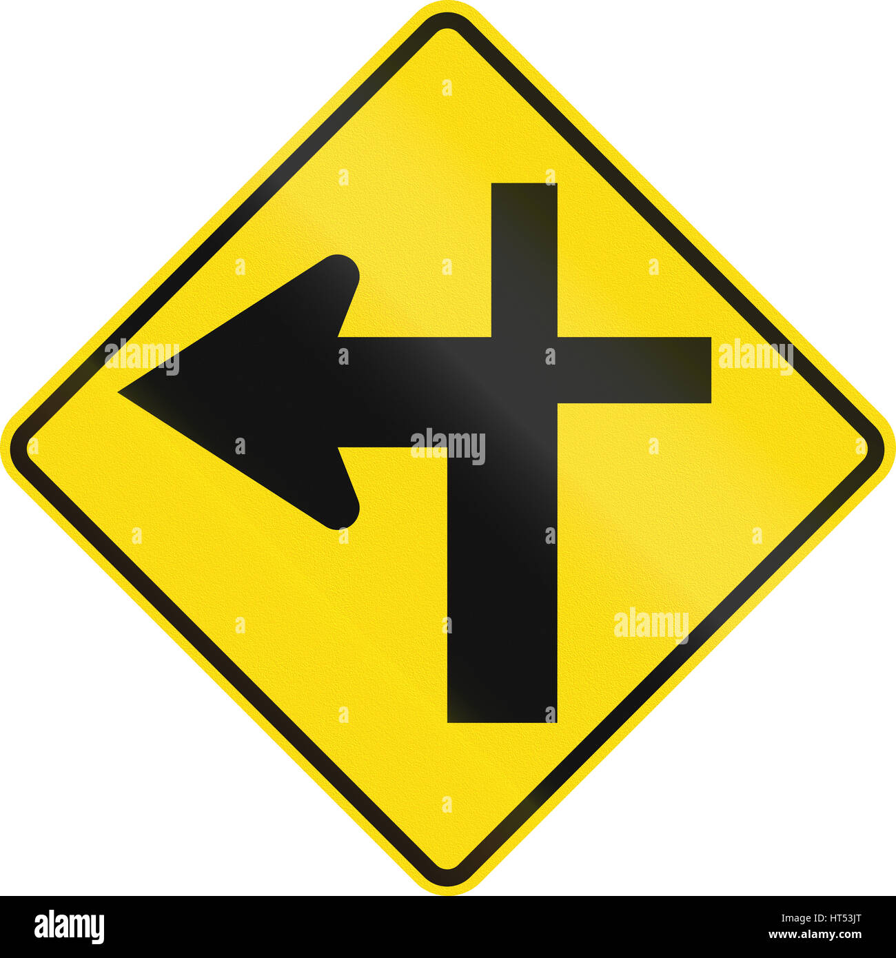New Zealand road sign - Crossroads ahead (priority turns left Stock ...