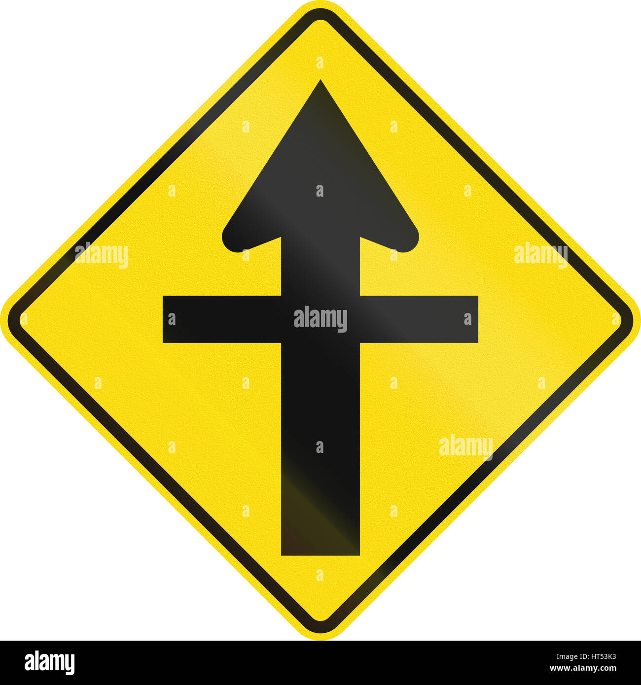New Zealand road sign - Crossroads ahead with priority Stock Photo - Alamy