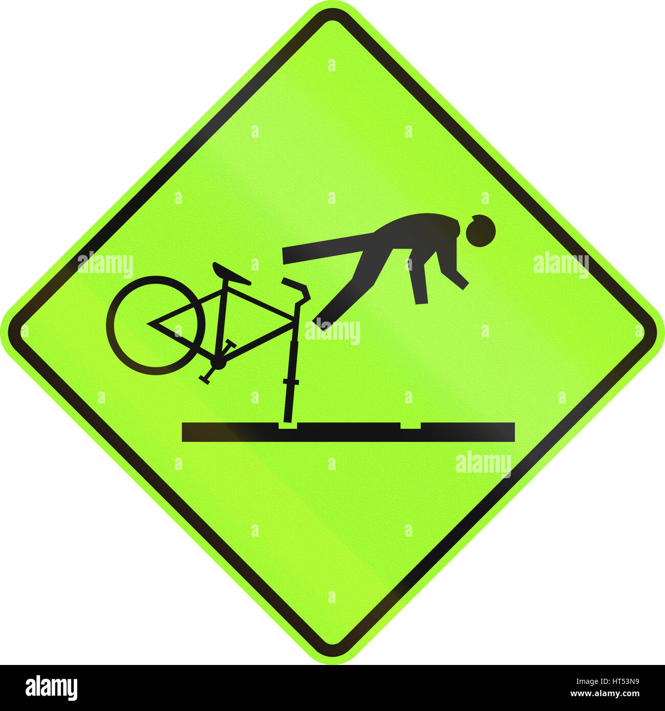 New Zealand road sign - Cyclists take care on rail tracks - Fluorescent ...