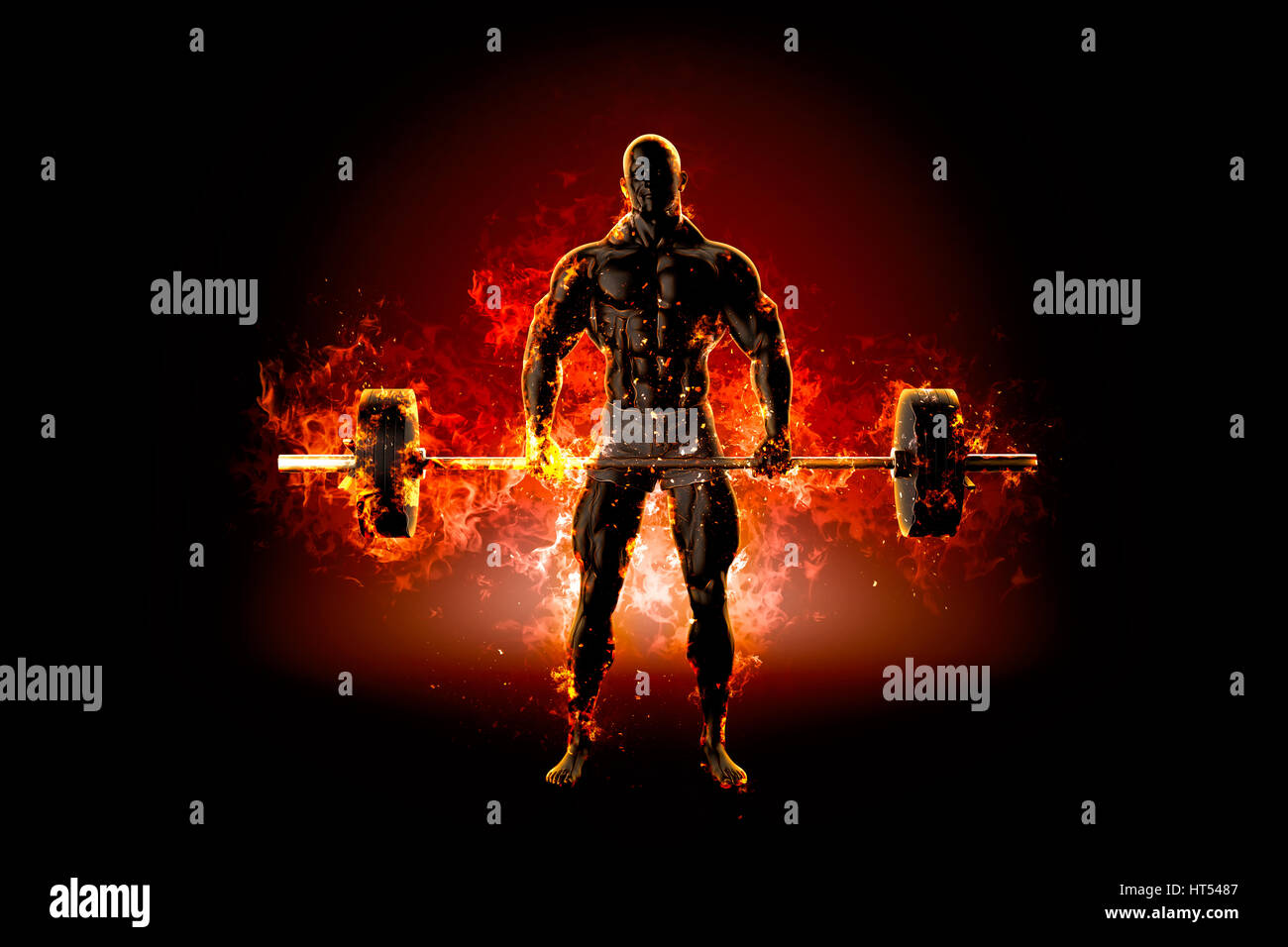 Muscular bodybuilder with barbell. Fire explode concept. 3d ...