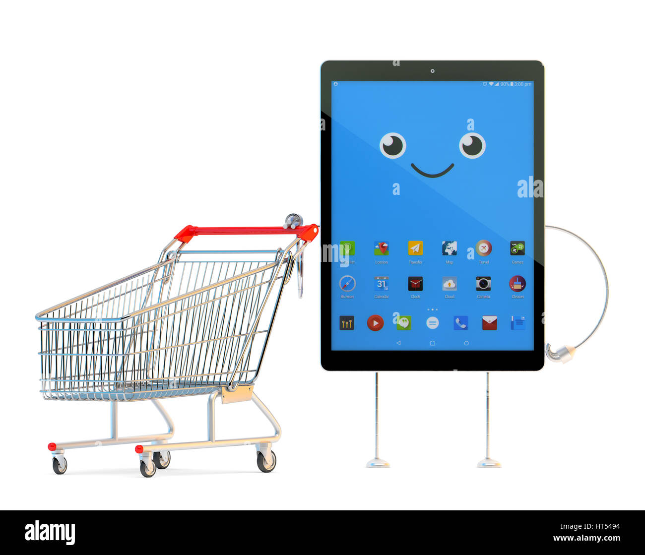 Tablet cartoon character with shopping cart. 3d illustration with ...