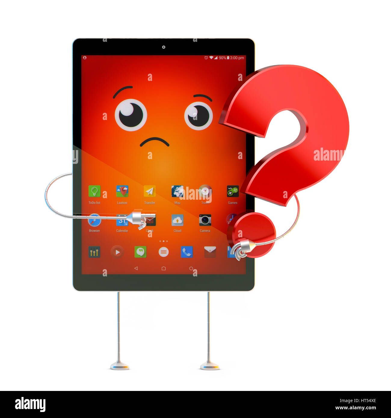 Tablet cartoon character with question mark. 3D illustration. Contains ...