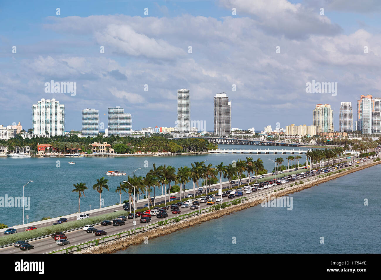 Miami panorama with car traffic. Aerial view Miami cityscape Stock ...