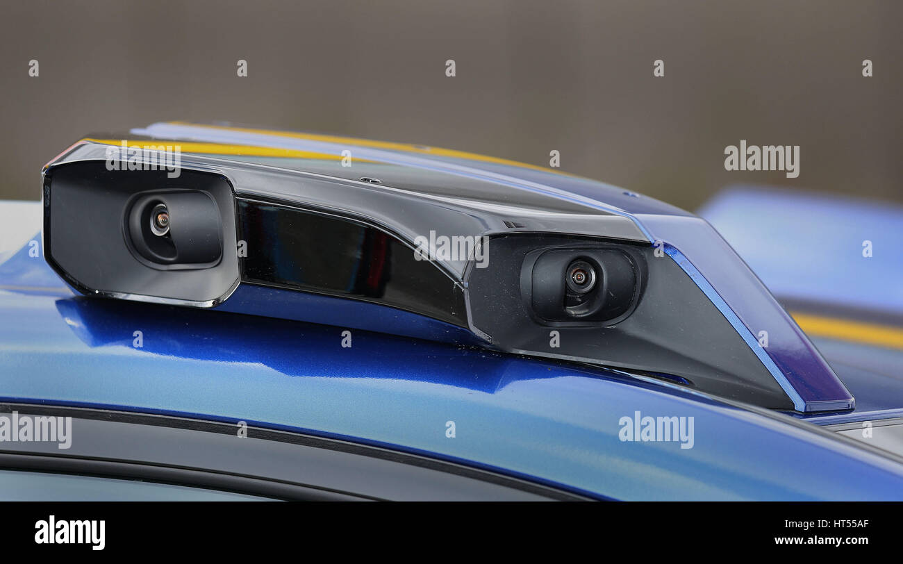 Two roof mounted cameras on a prototype Nissan Leaf driverless car at ...