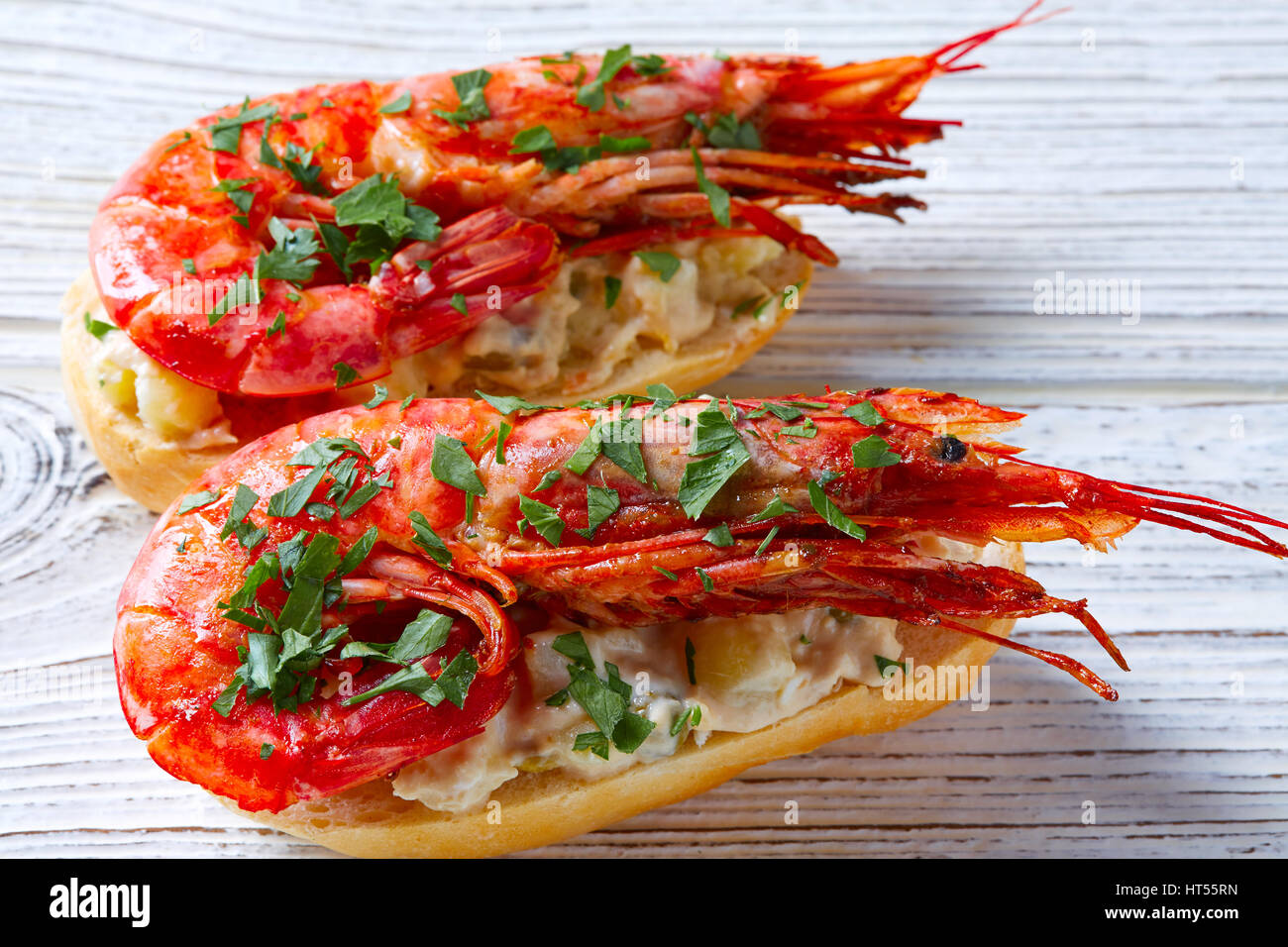 Shrimp pinchos with seafood Spain tapas recipe food pintxos Stock Photo ...
