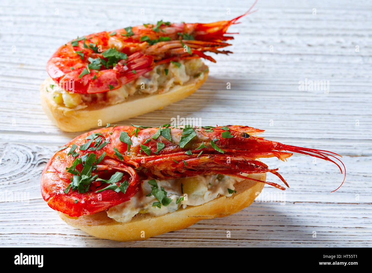 Shrimp pinchos with seafood Spain tapas recipe food pintxos Stock Photo ...