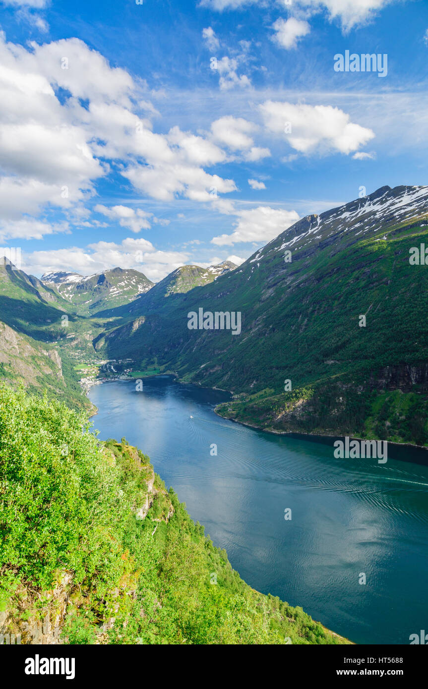 End of Geirangerfjord and town Geiranger in wonderful valley at summer ...