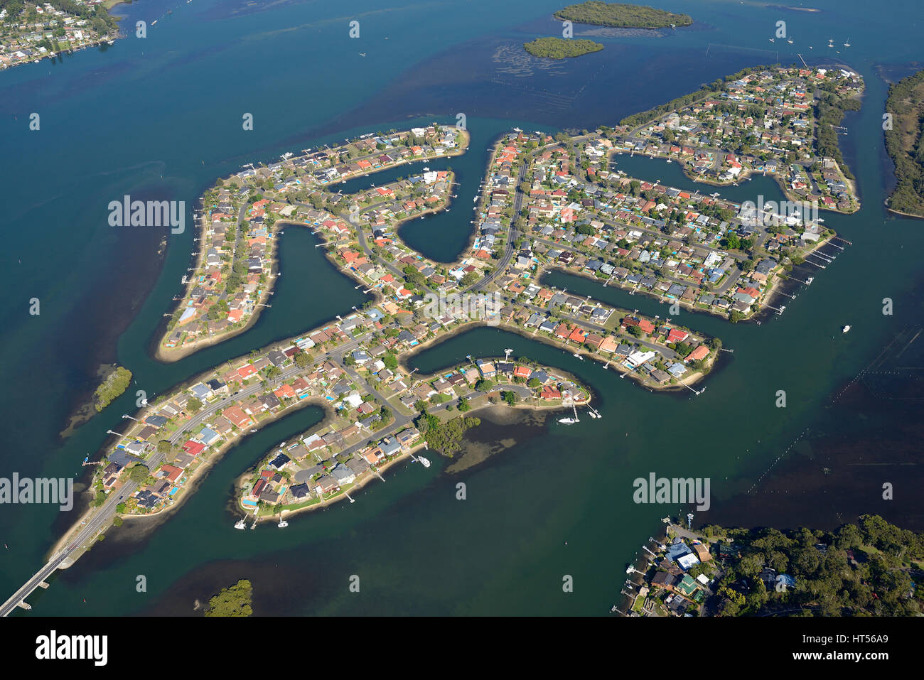 AERIAL VIEW. Canal estate of St Huberts Island in the Brisbane Water ...