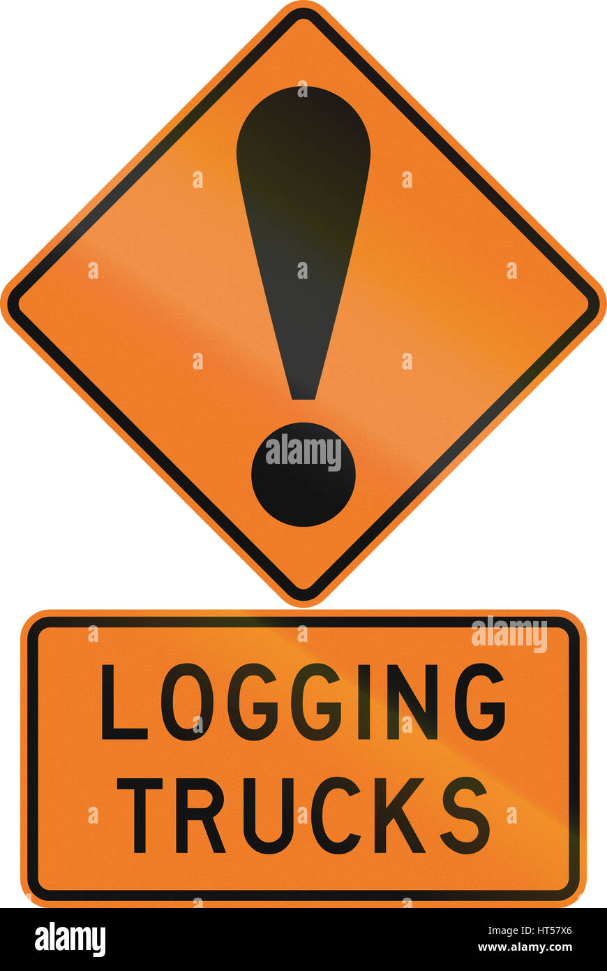 Road sign assembly in New Zealand - Logging trucks Stock Photo - Alamy