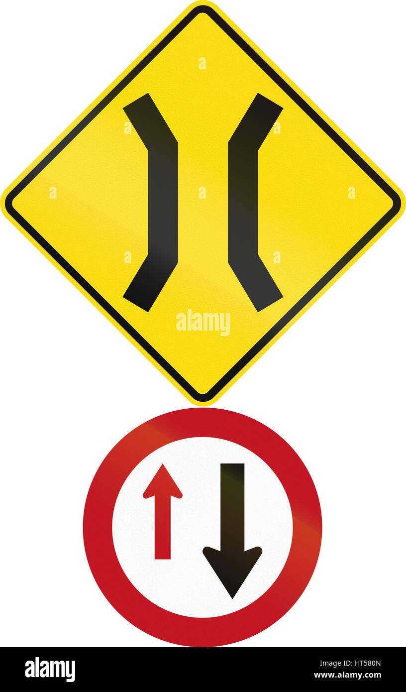 Road sign assembly in New Zealand - Narrow bridge Stock Photo - Alamy