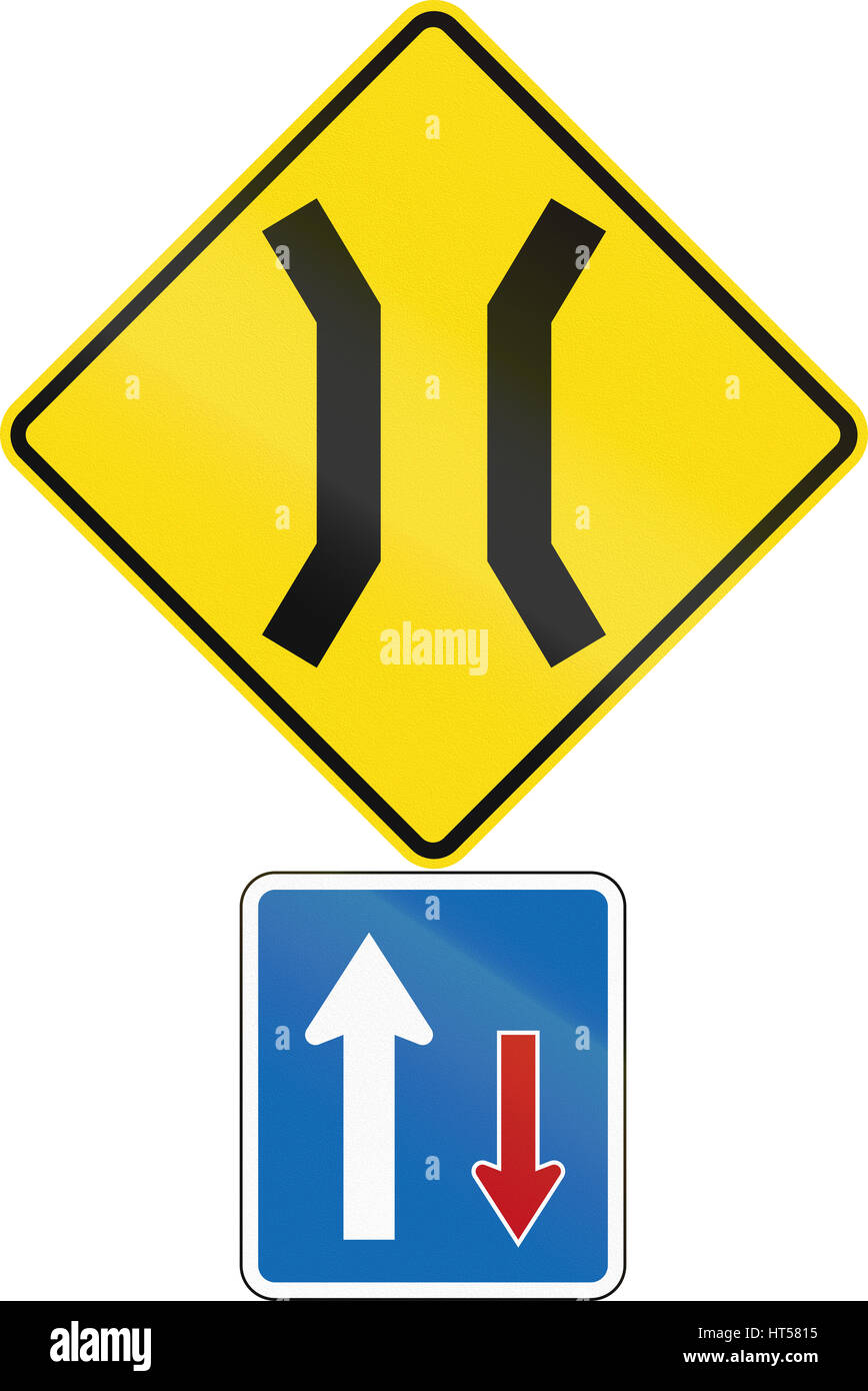 Road sign assembly in New Zealand - Narrow bridge Stock Photo - Alamy