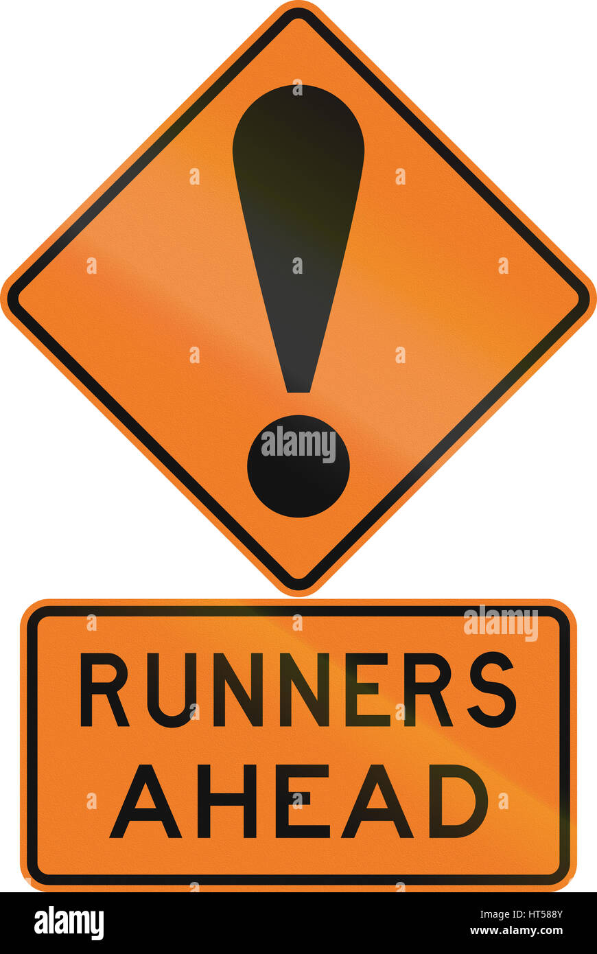 Road sign assembly in New Zealand - Runners ahead Stock Photo - Alamy