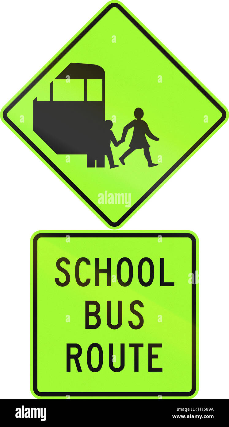 Road sign assembly in New Zealand - School bus route, fluorescent ...