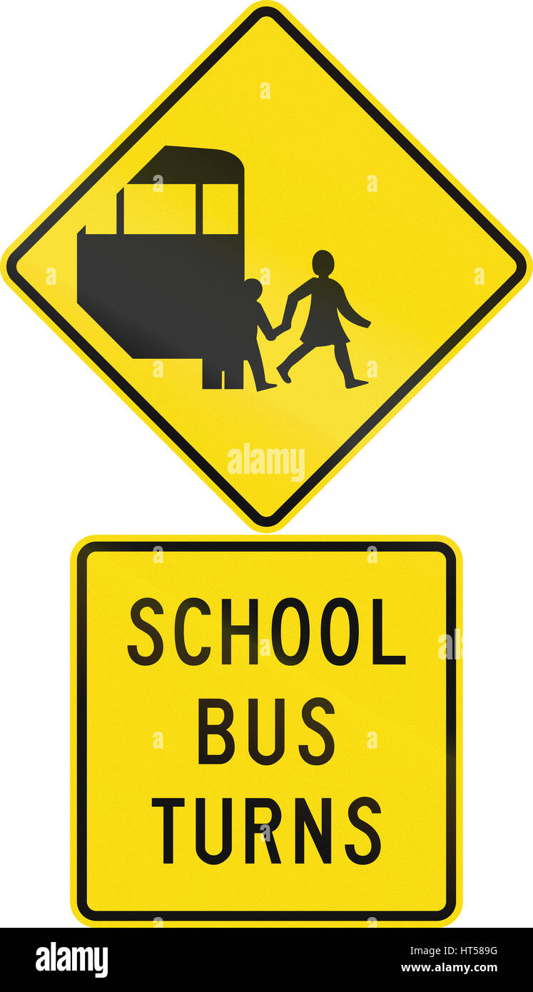 Road sign assembly in New Zealand - School bus turns Stock Photo - Alamy