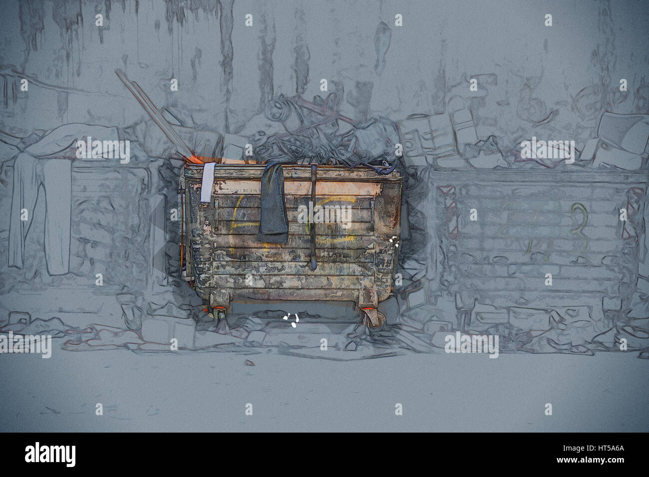 Dumpsters being full with garbage in a city. Modern Painting. Brushed ...