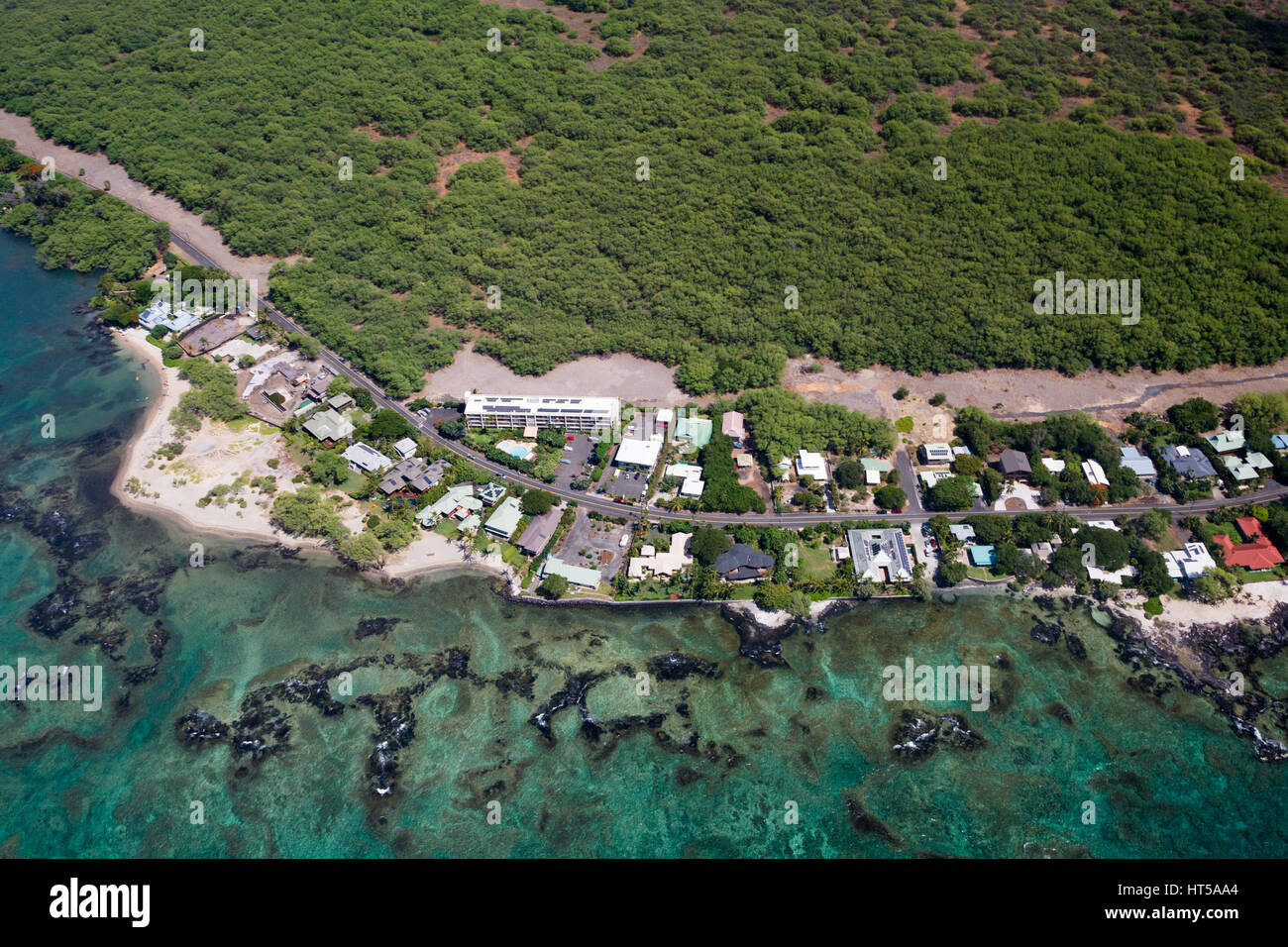Aerial view of the small town Puako on the west coast of Big Island ...