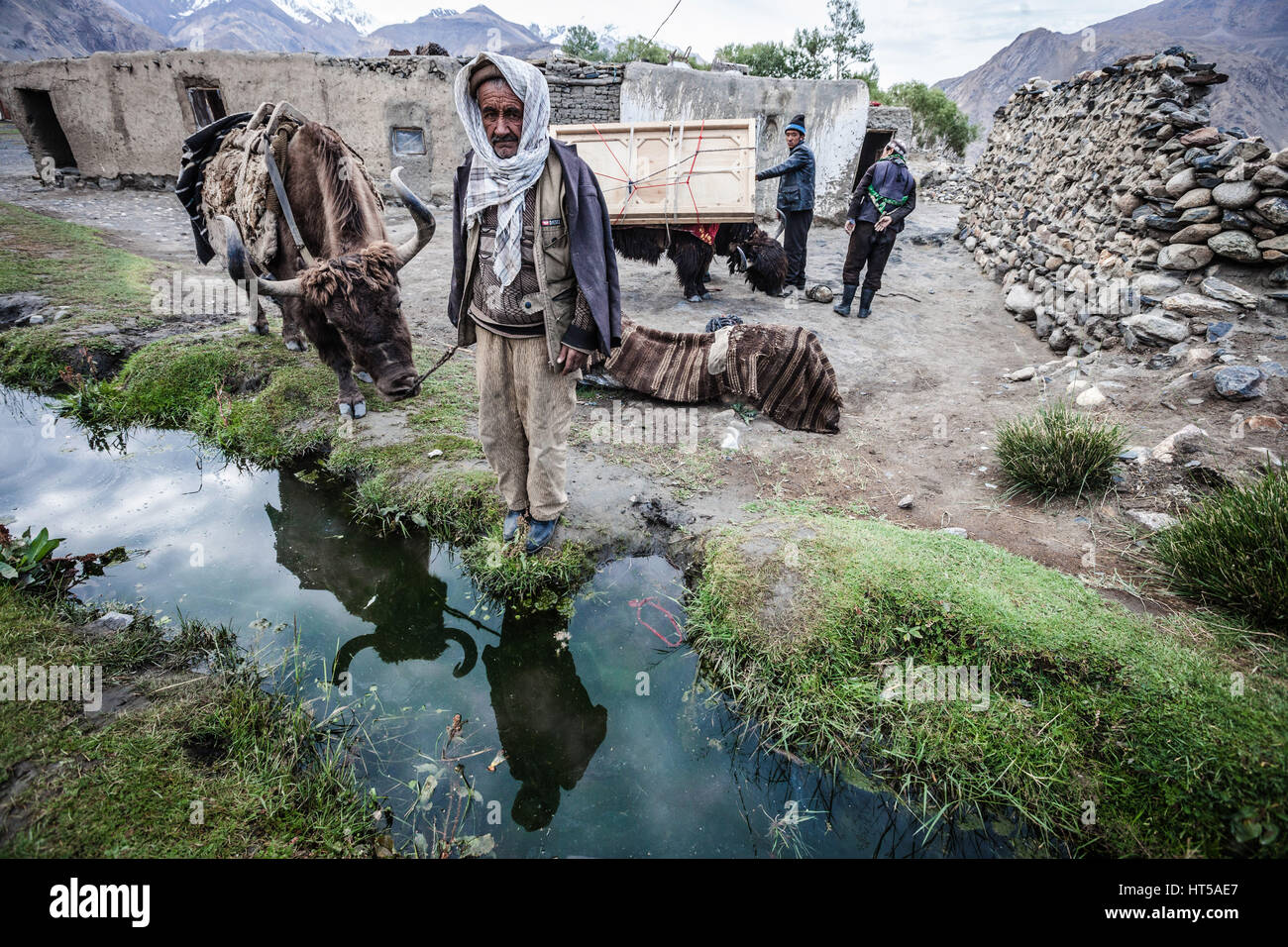 Afghanistan Wakhan Corridor Farmers With Yak Carrying Goods Nearby