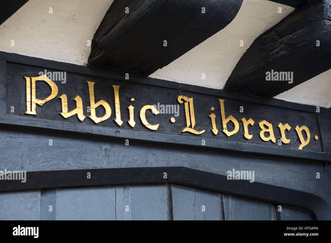 A traditional sign at a Public Library in Stratford-Upon-Avon, in the ...