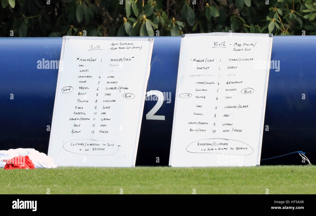 A general view of tactics boards near the side of the pitch during the ...