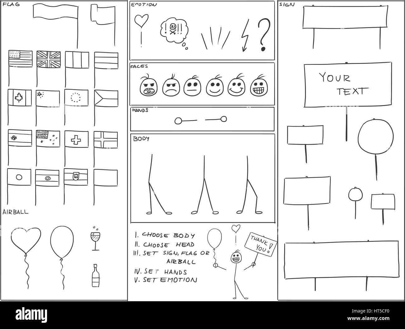 Cartoon vector doodle stickman character creation set with flag or sign ...