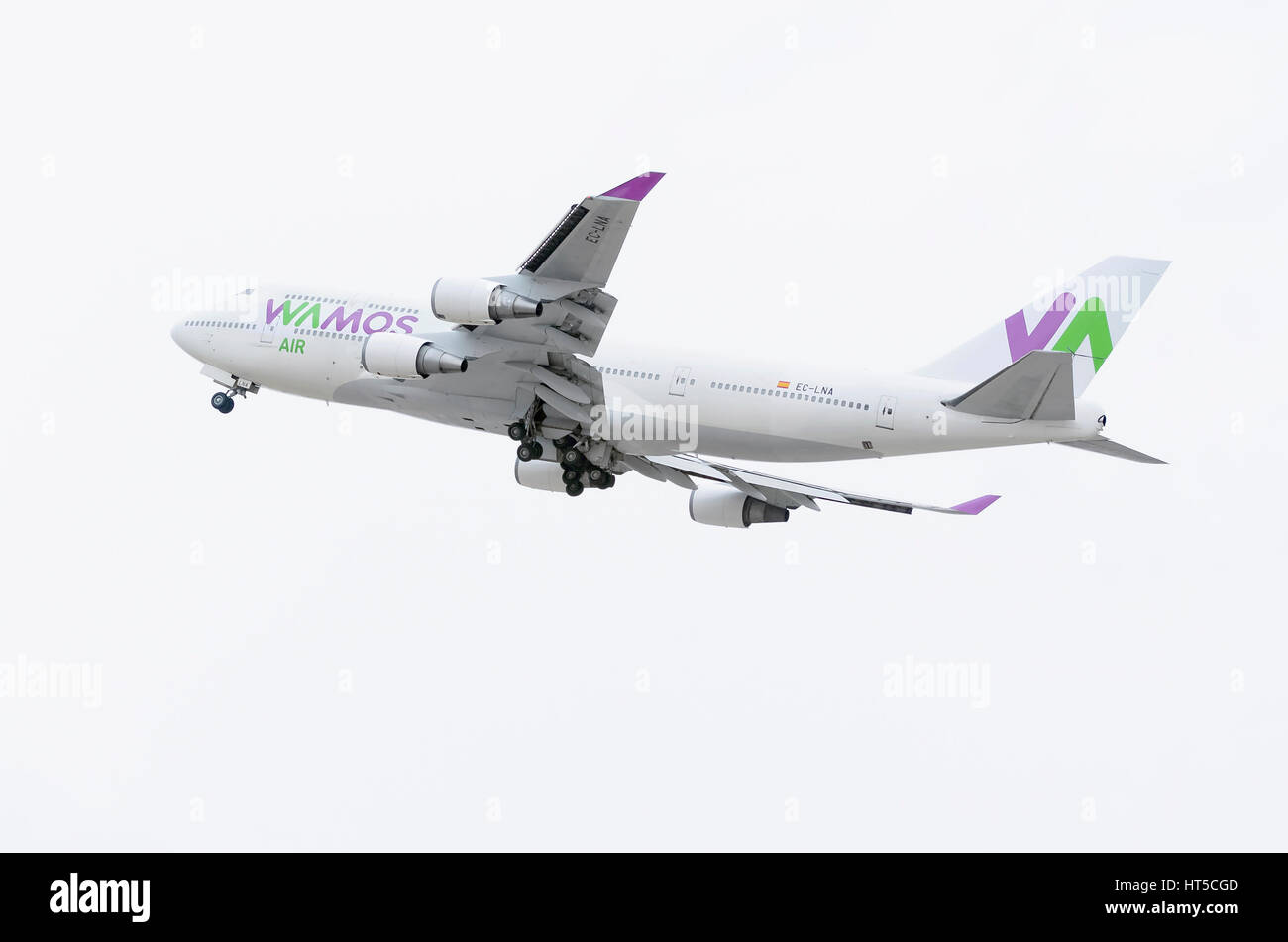 Plane Boeing 747, of Wamos Air airline, is taking off from Madrid ...