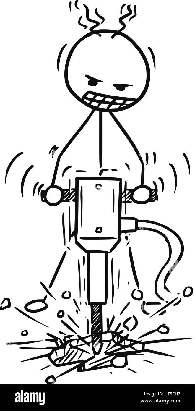 Cartoon vector doodle stickman working hard with pneumatic drill Stock ...