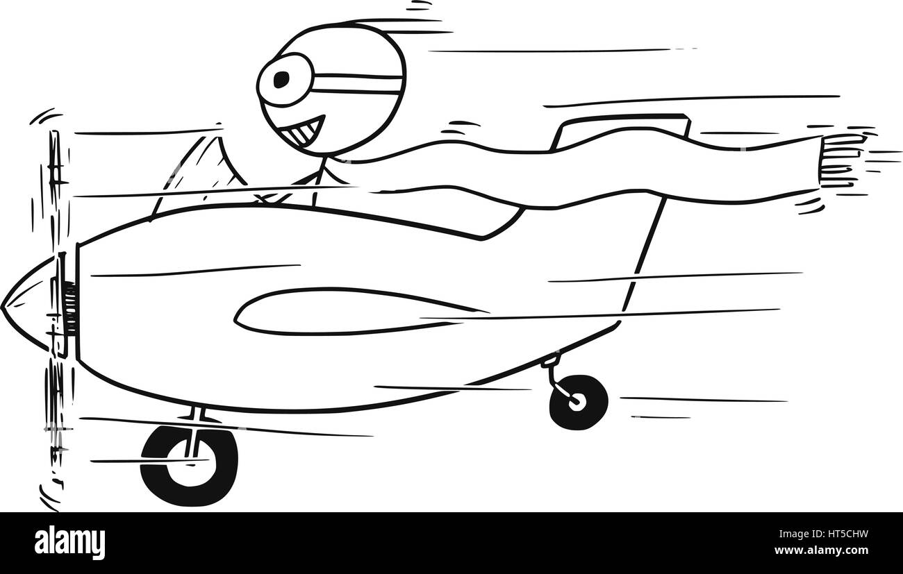 Cartoon vector stickman man flying in small propelled airplane smiling ...