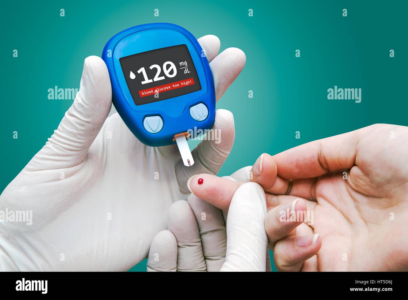 Doctor making blood sugar test. Hands with gloves on medical background ...