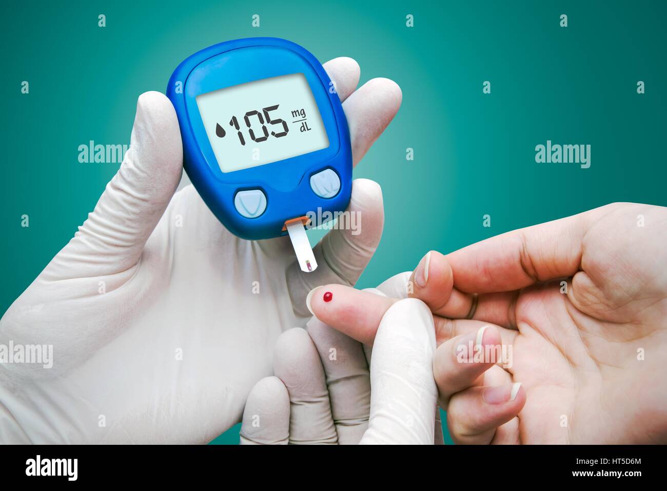 Doctor making blood sugar test. Hands with gloves on medical background ...