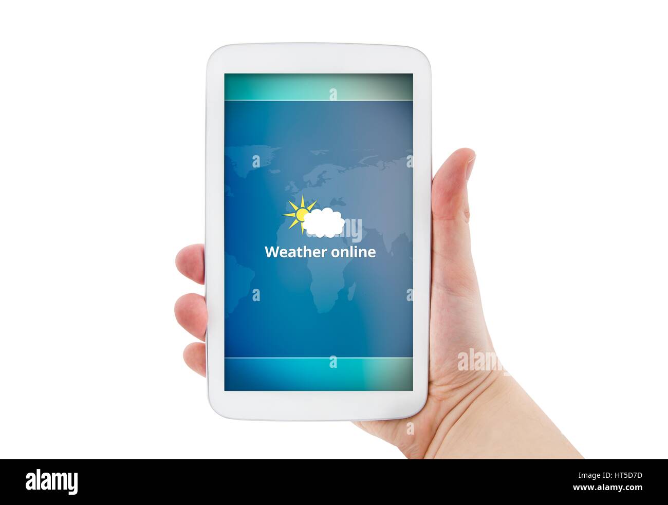 Hand holding tablet with mobile weather forecast app Stock Photo - Alamy