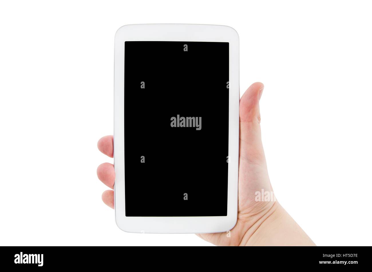 Hand holding tablet pc with empty black display. Horizontal composition ...