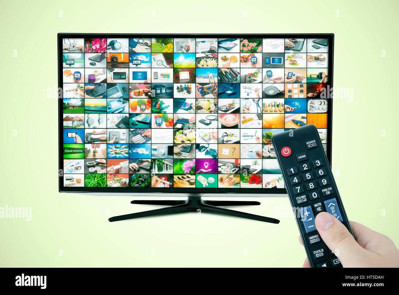 Widescreen high definition TV screen with video gallery. Remote control ...