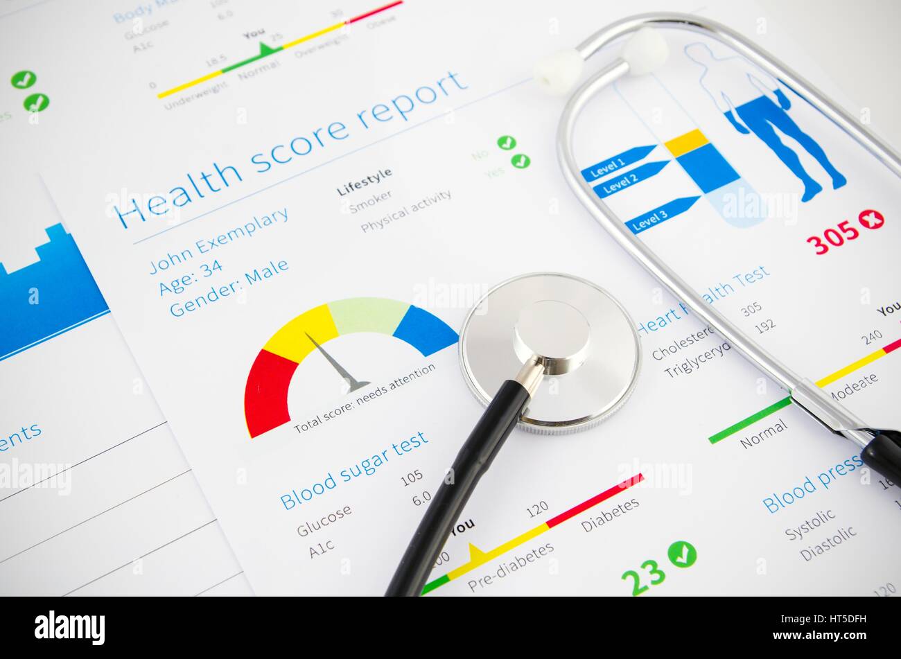Health condition score report. Stethoscope on medical background Stock ...