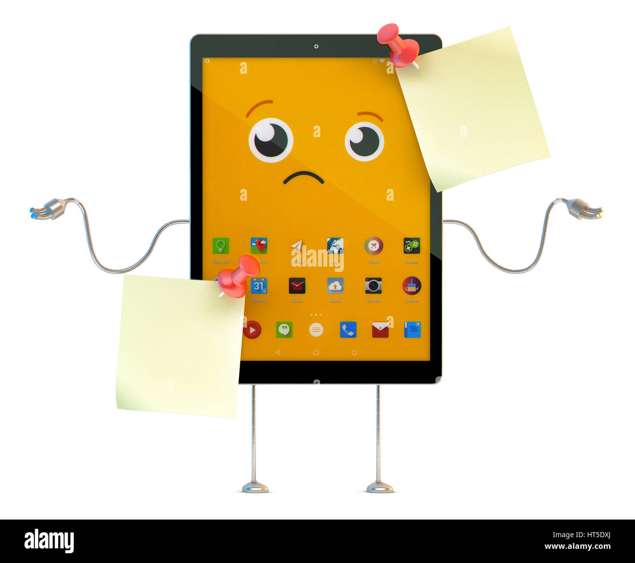 Tablet cartoon character with sticky notes. 3D illustration. Contains ...