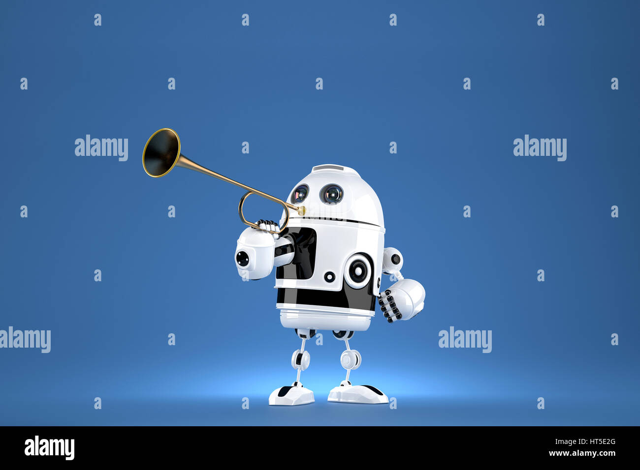 Robot with golden trumpet. 3D illustration. Proclaiming a special ...