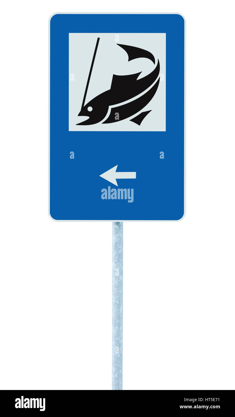 Fish angling camp sign, isolated roadisde signpost pole post, fishing ...