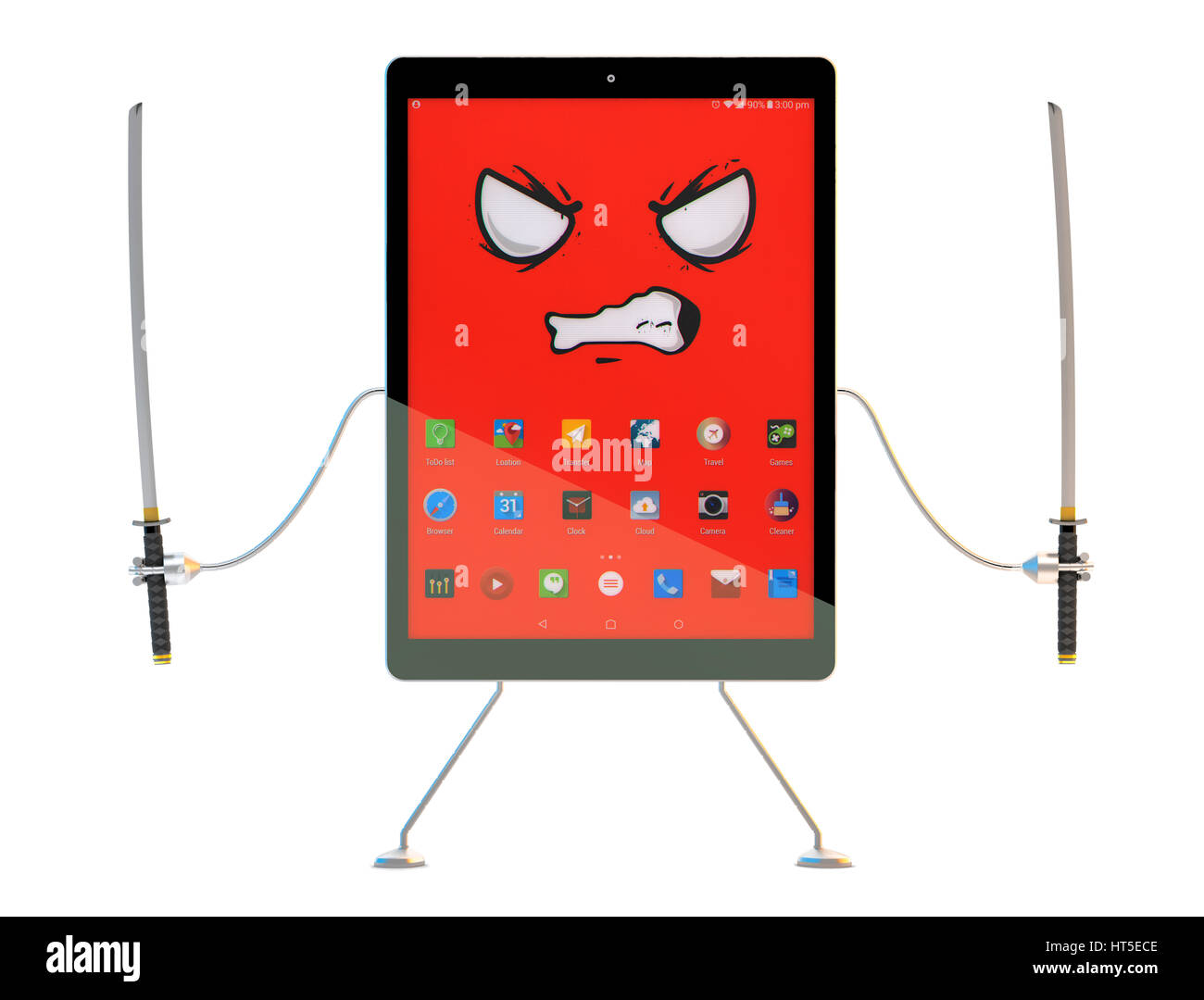 Angry Tablet cartoon character with katana sword. 3D illustration ...