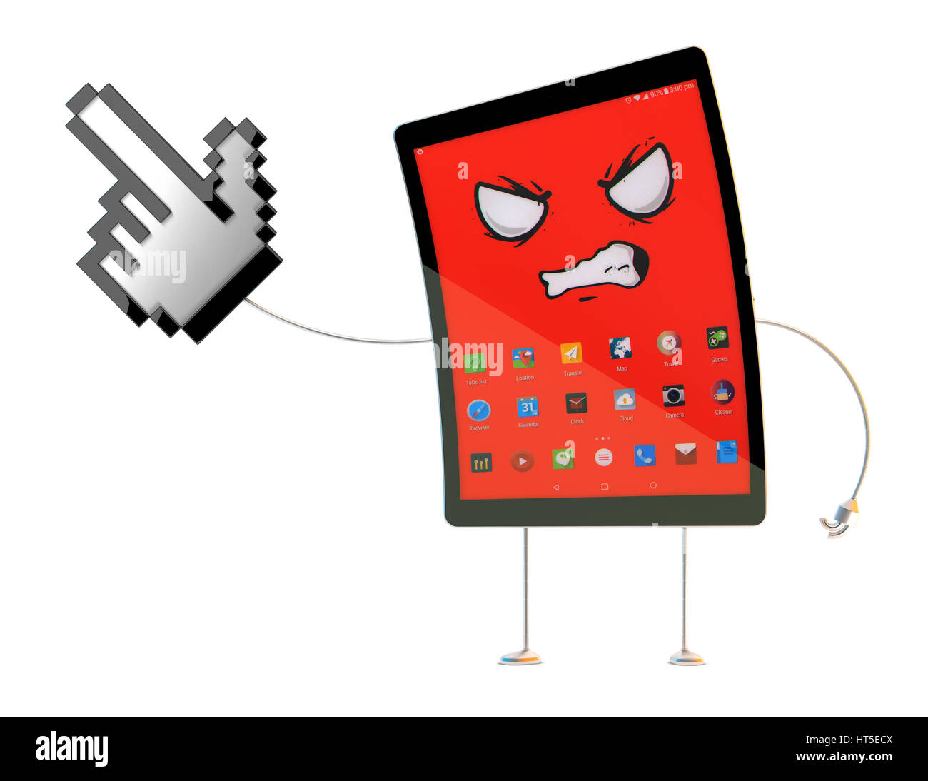 Angry Tablet cartoon character pointing at invisible object. 3D ...