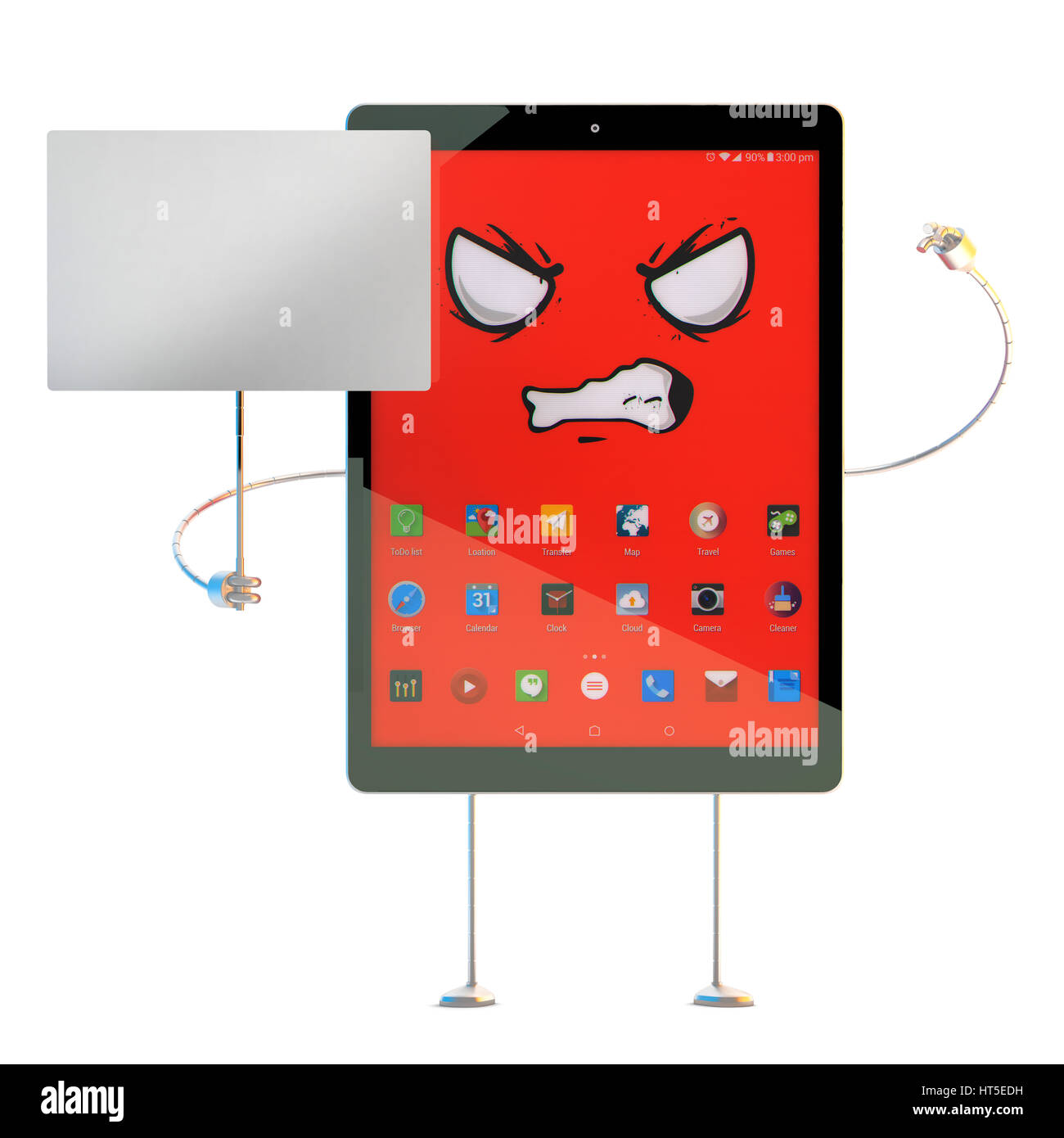 Angry Tablet cartoon character with blank banner. 3D illustration ...