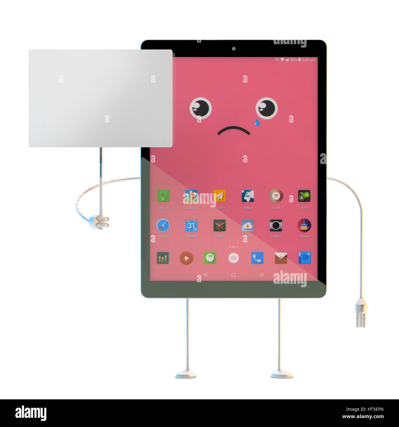 Worried Tablet cartoon character with empty white placard. 3D ...