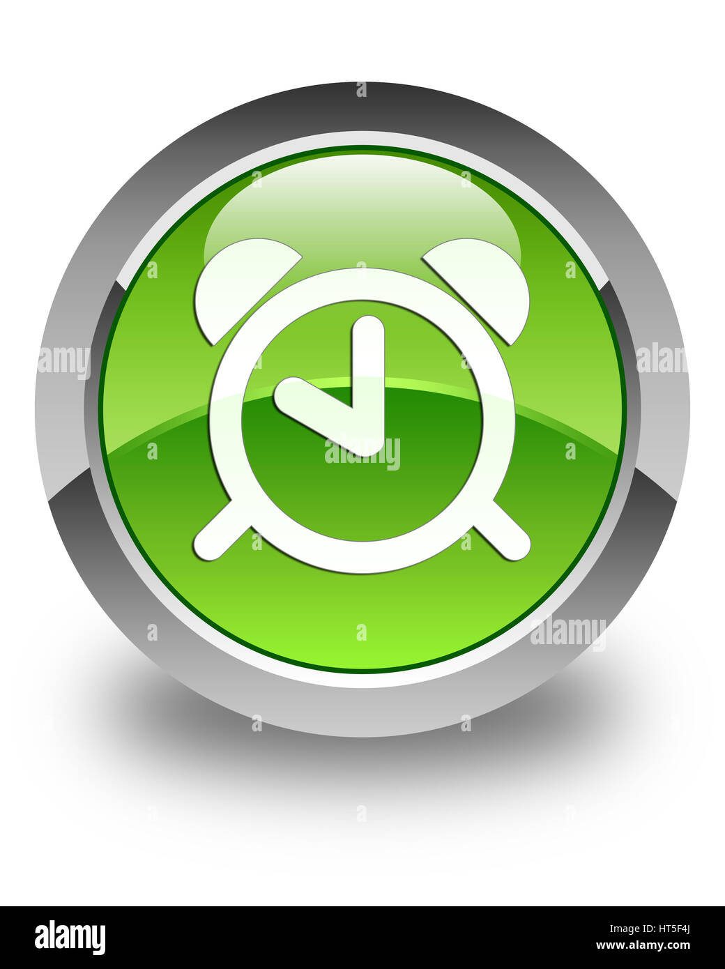 Alarm clock icon isolated on glossy green round button abstract ...