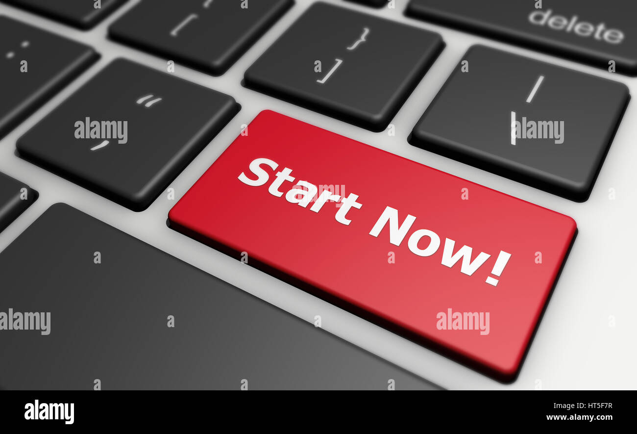 Start now sign and word on a computer keyboard button 3D illustration ...