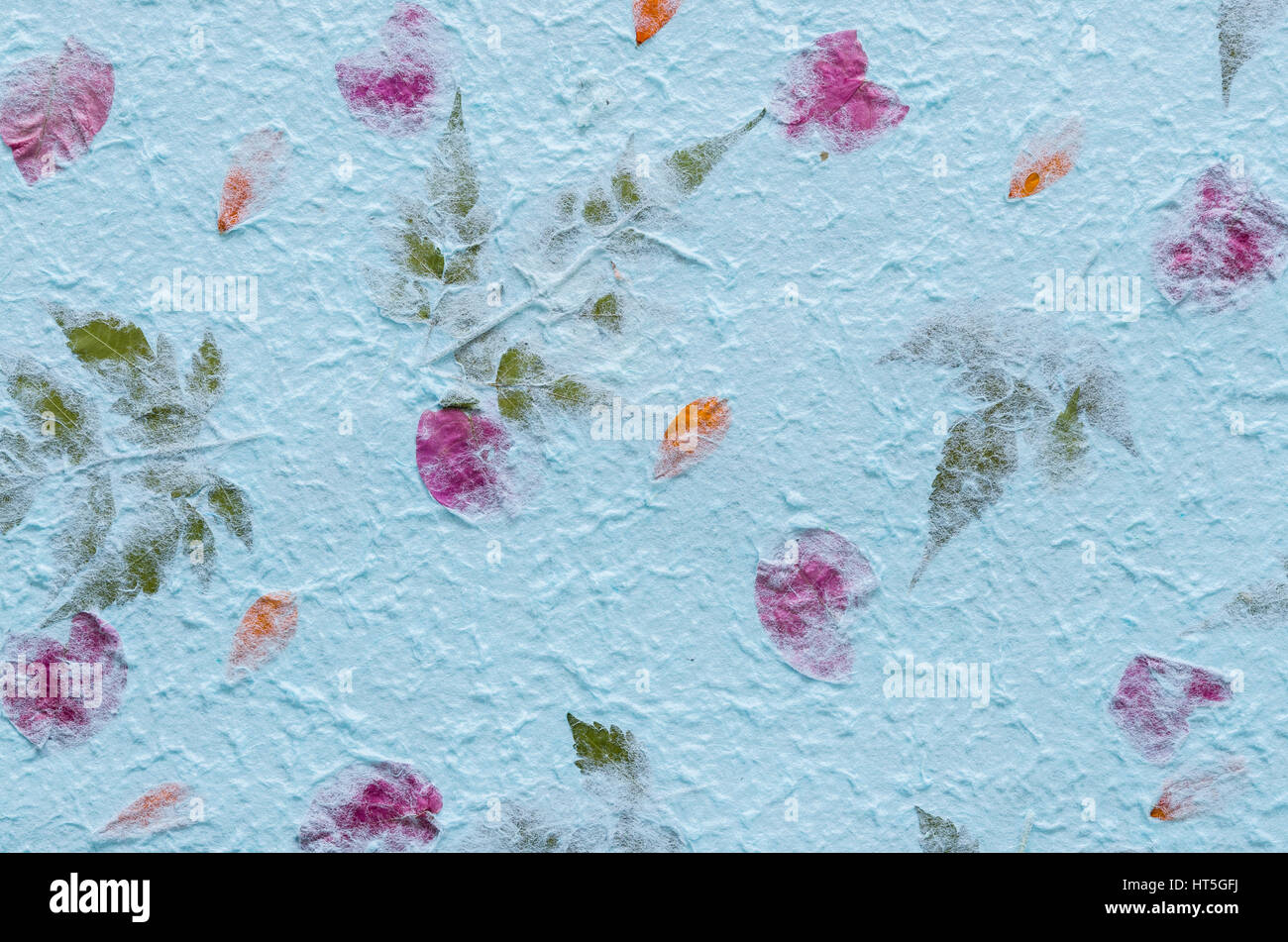 Blue mulberry paper with petal and leaf texture used for a background ...