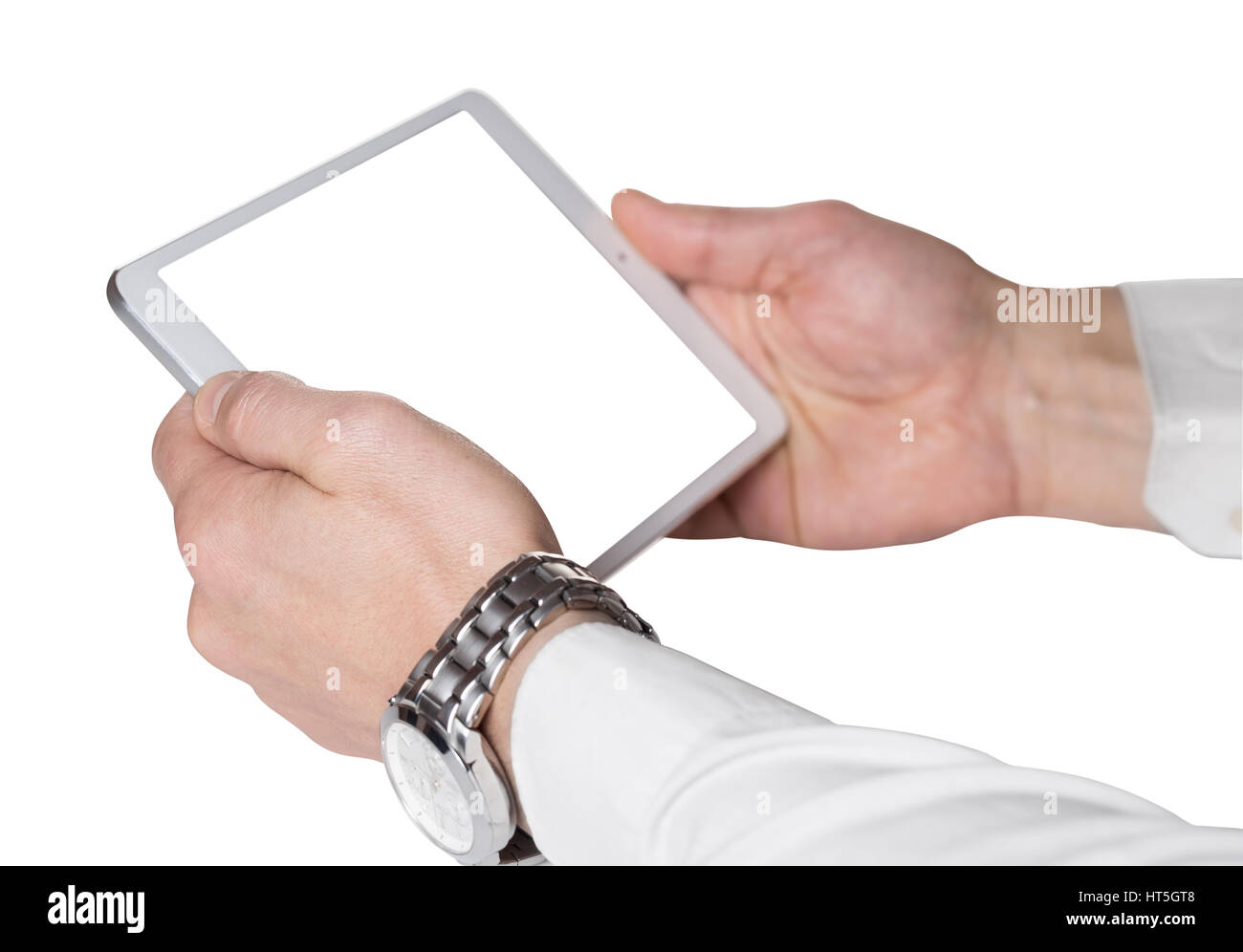 Male hands with tablet computer isolated on white background Stock ...