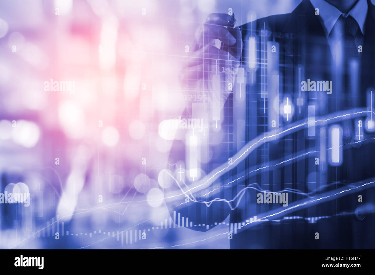 Business man on digital stock market financial indicator background ...