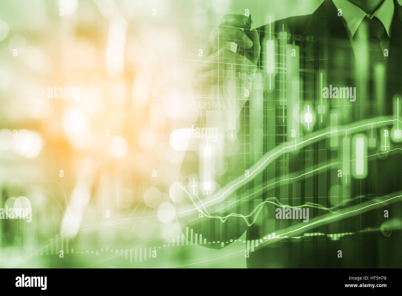 Business man on digital stock market financial indicator background ...