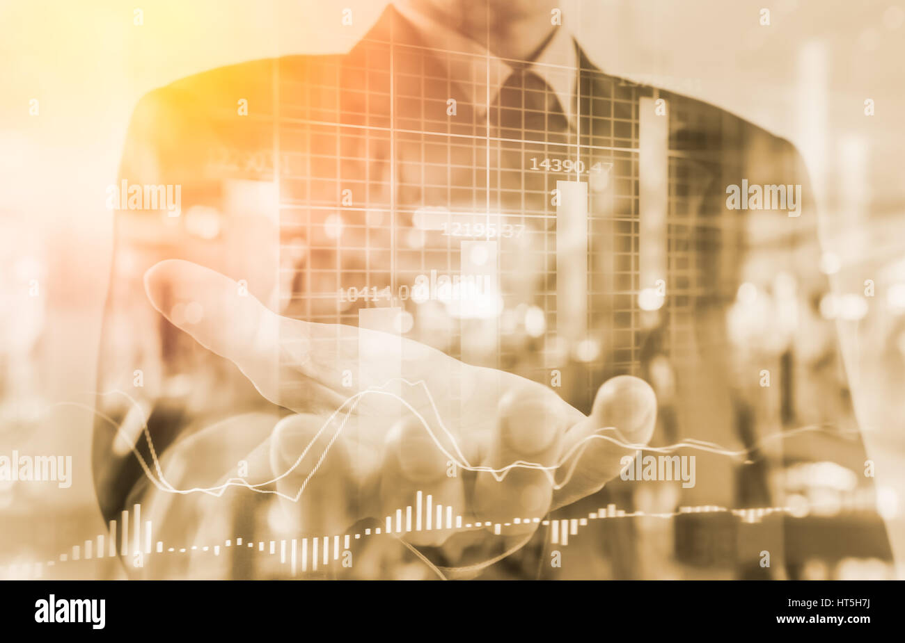 Business man on digital stock market financial indicator background ...