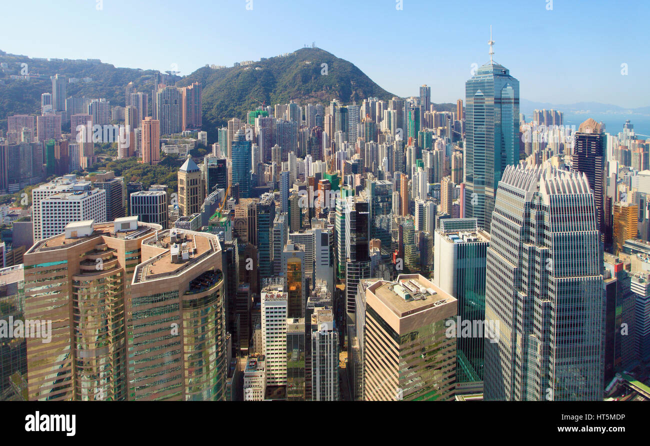 China, Hong Kong, Central district, skyline, Victoria Peak, aerial view ...