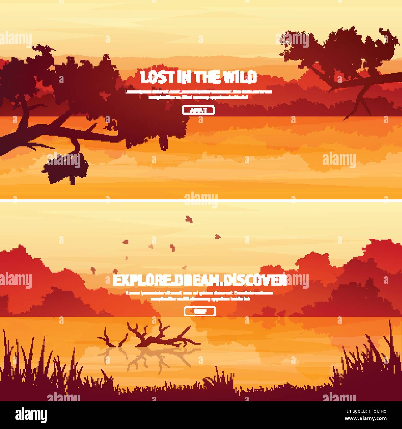 Mountains with forest and lake, river. Trees. Horizon line. Vector ...