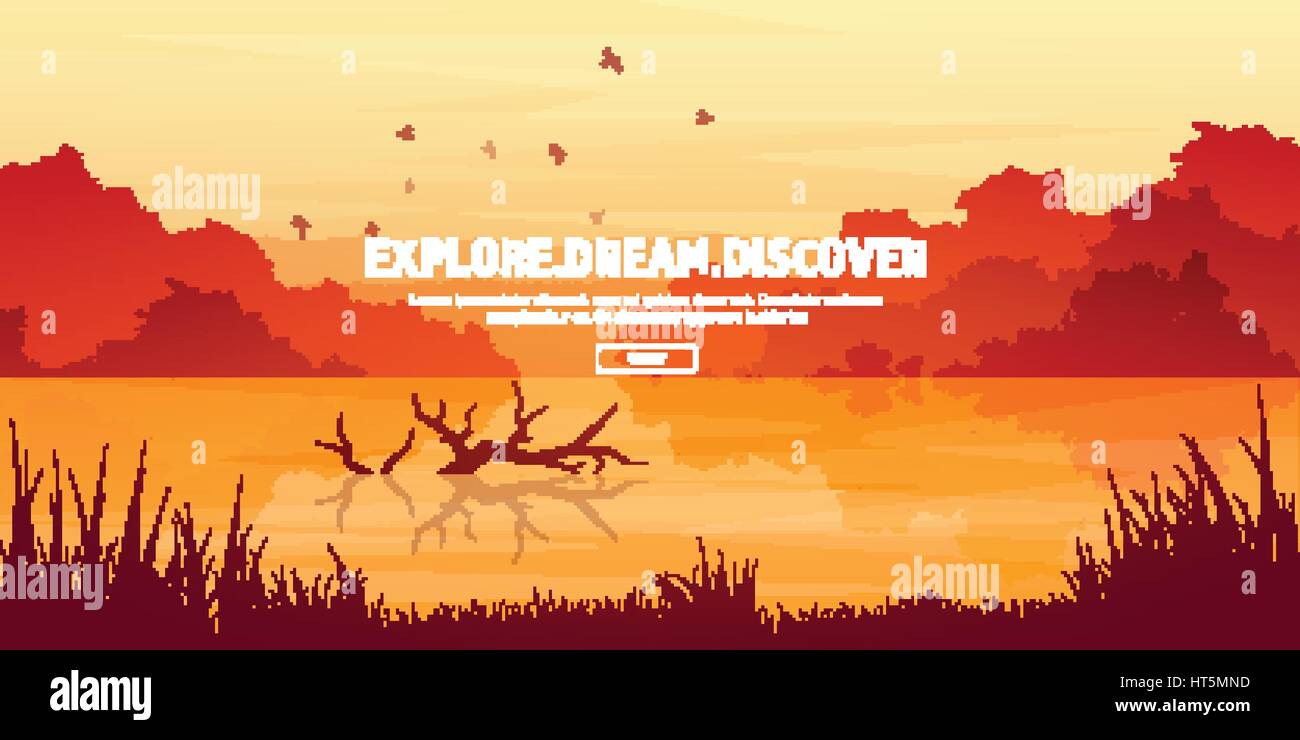 Mountains with forest and lake, river. Trees. Horizon line. Vector ...